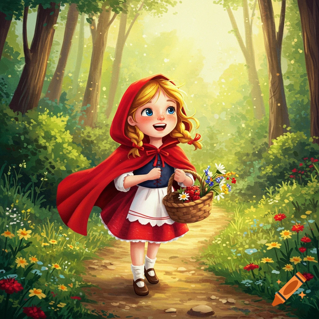 Little Red Riding Hood walking in a sunlit forest with a basket of ...