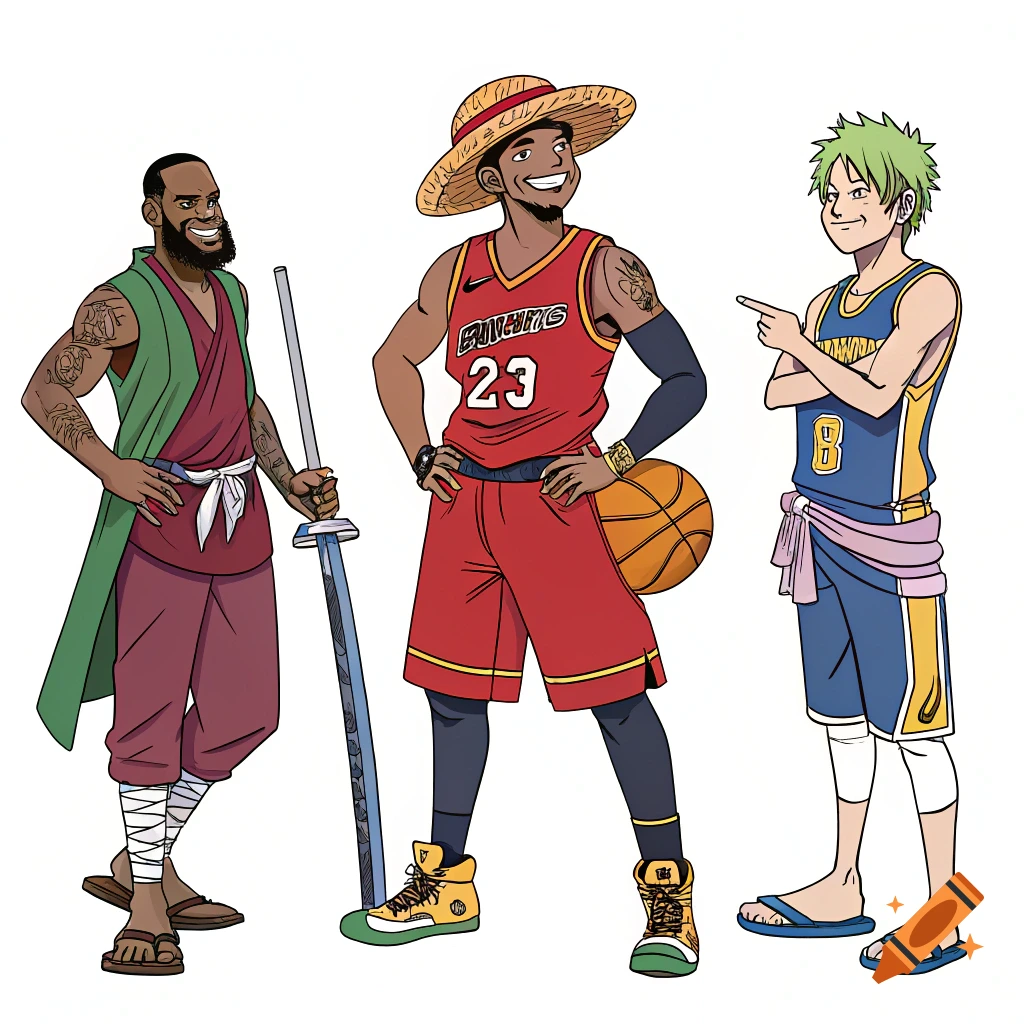 Lebron, Dwade, and Melo as Luffy, Zoro, and Sanji on Craiyon