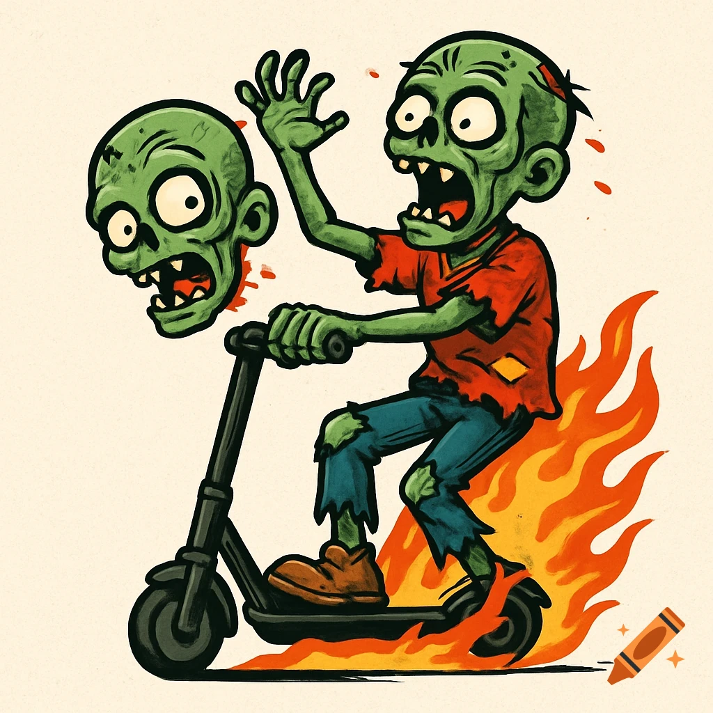 Cartoon zombie riding a flaming scooter while holding his detached head ...