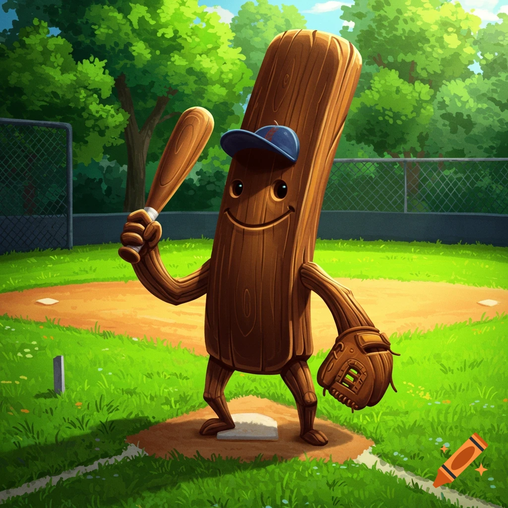 Wooden bat with limbs holding a baseball bat on Craiyon