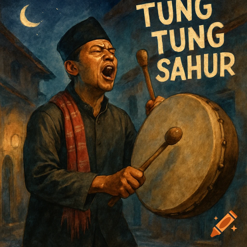 Painting of a man drumming with text 'TUN TUNG TUNG SAHUR', mosque and ...