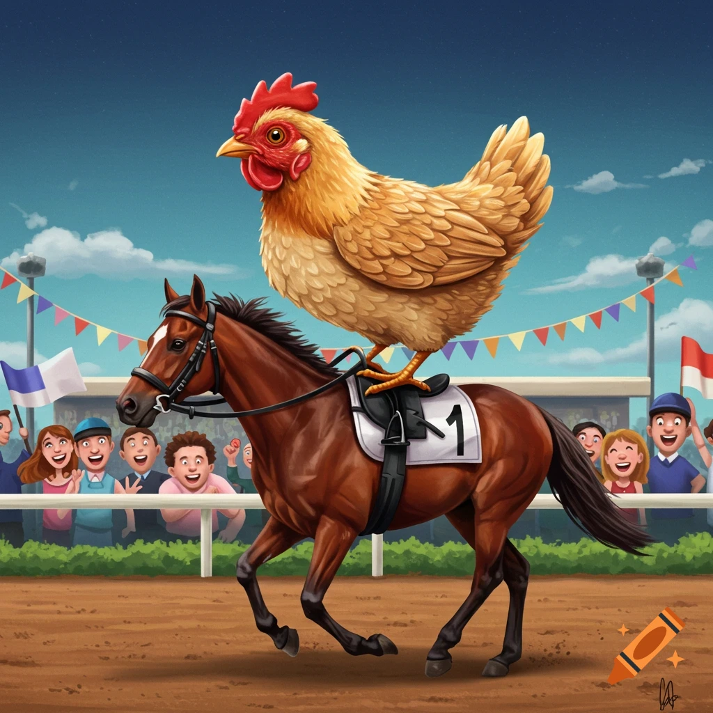 A chicken rides a horse like a jockey in a race, watched by a cheering ...