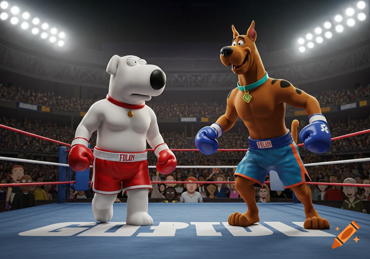3D animation of Brian from Family Guy boxing Scooby Doo in a crowded ...