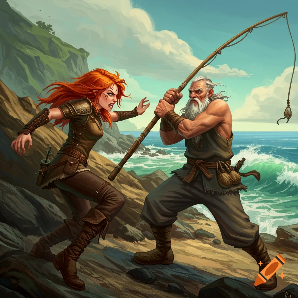 Person fighting a fisherman on Craiyon