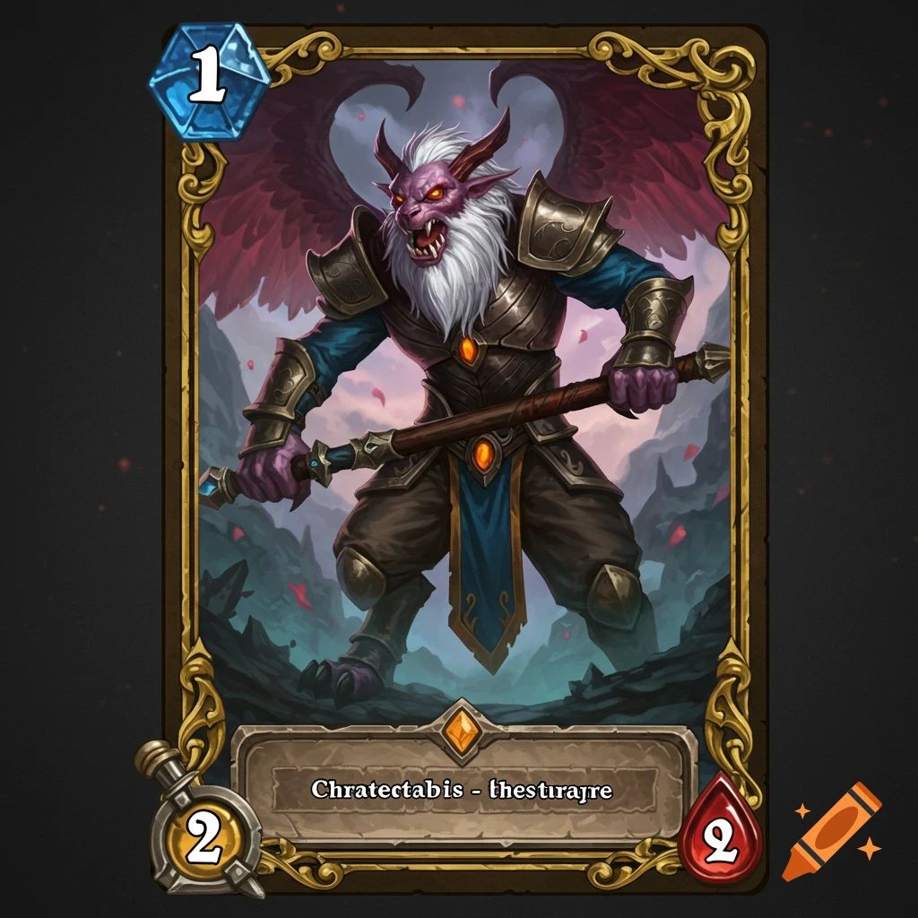 A collectible trading card featuring a red-skinned fantasy creature in armor with wings, holding ...