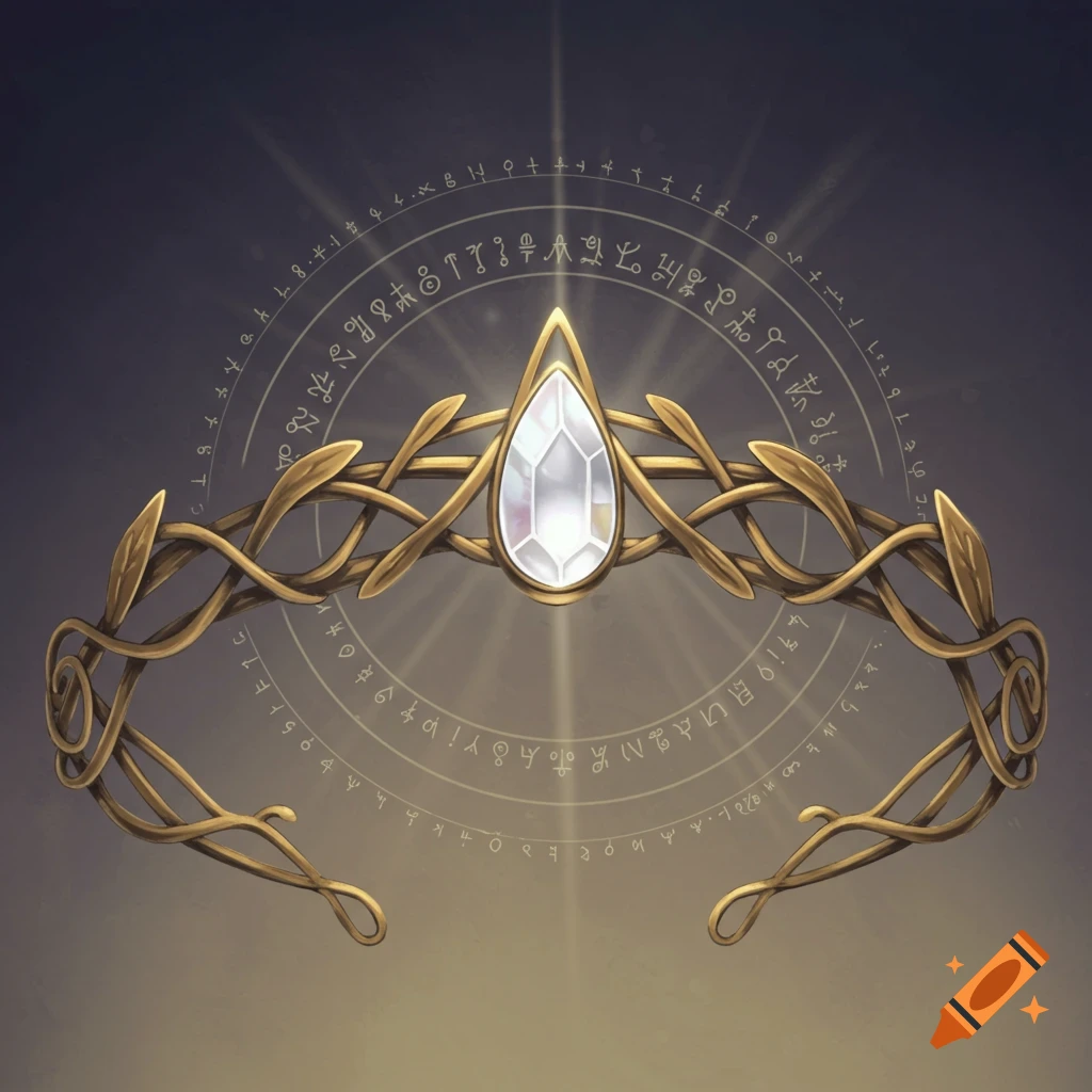 A bronze vine crown with a large white crystal and mystical symbols in ...