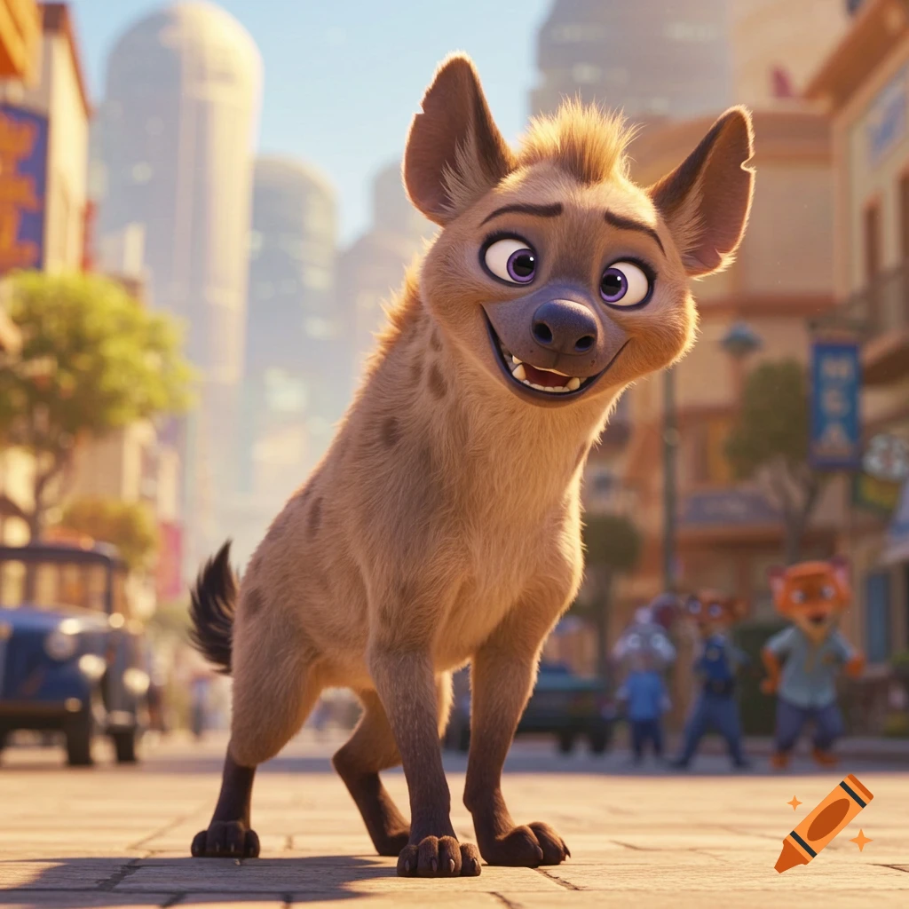 Cartoon hyena character smiling on a city street in Zootopia style. on ...