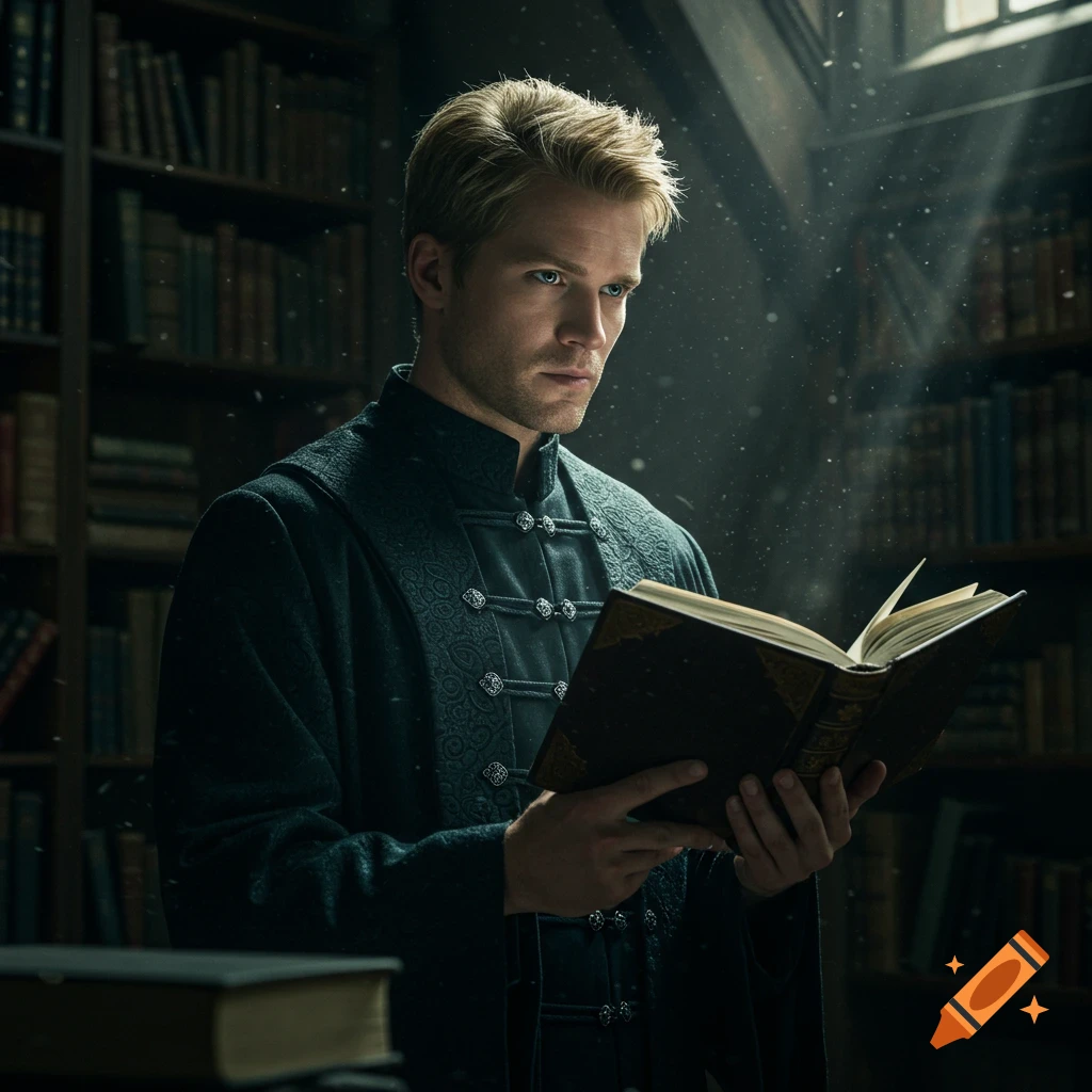Blonde man in robes reading a magical book with glowing pages in a ...