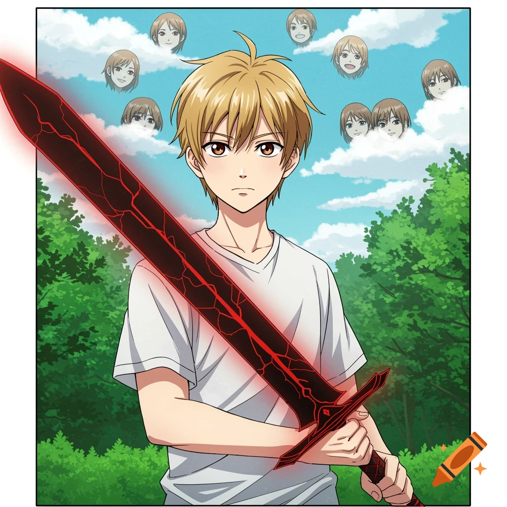 Anime style boy holds a red-veined black sword with floating heads in ...