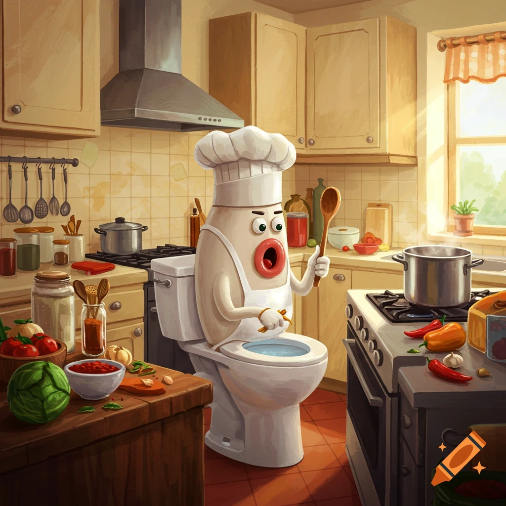 Cartoon toilet character wearing chef hat and apron cooking in a ...