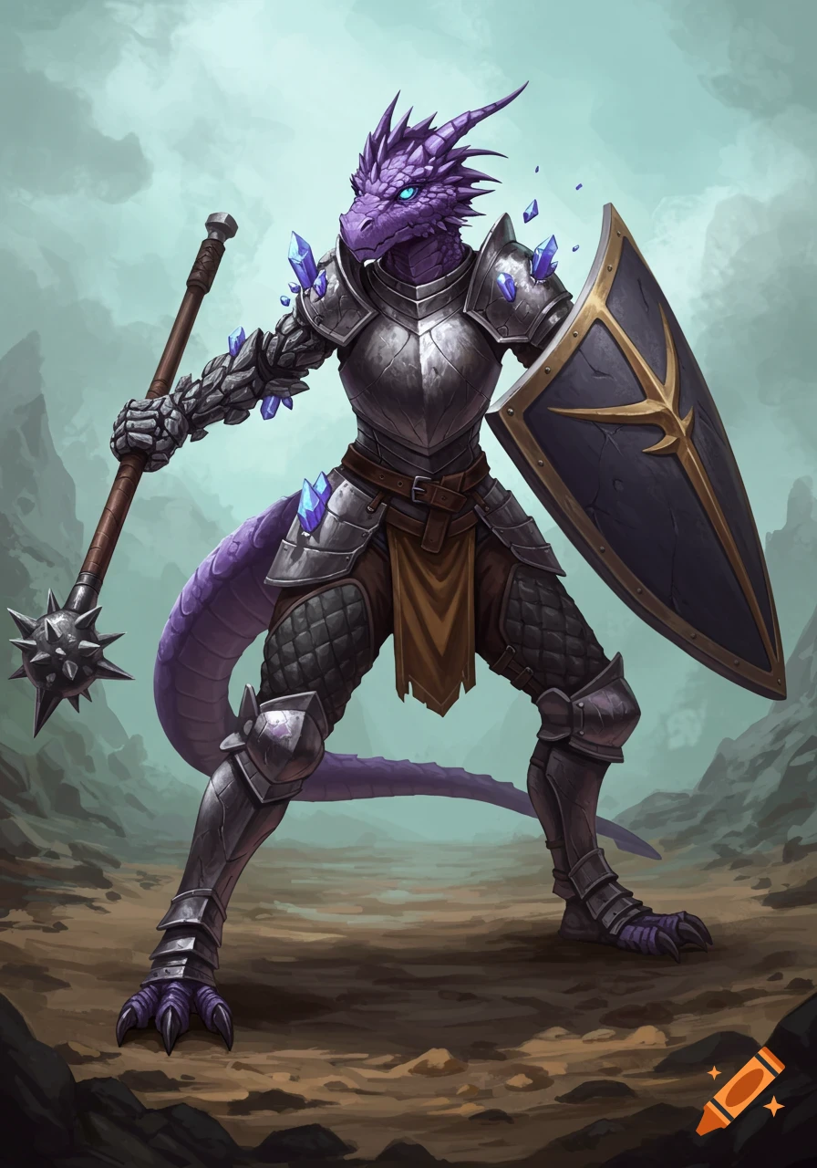 Purple scaled draconic knight with morningstar and shield on Craiyon