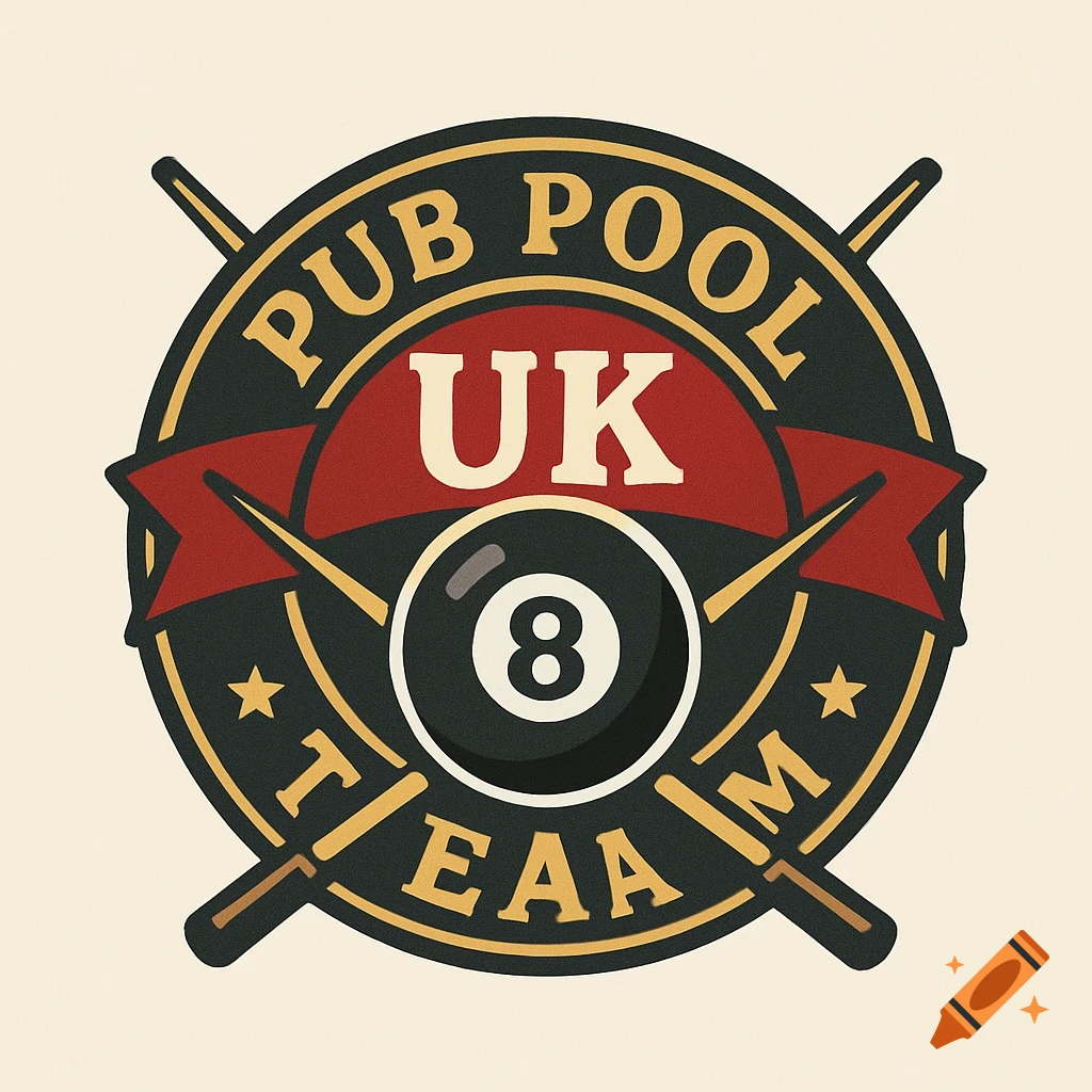 A circular logo for a UK pub pool team featuring an 8-ball, crossed ...