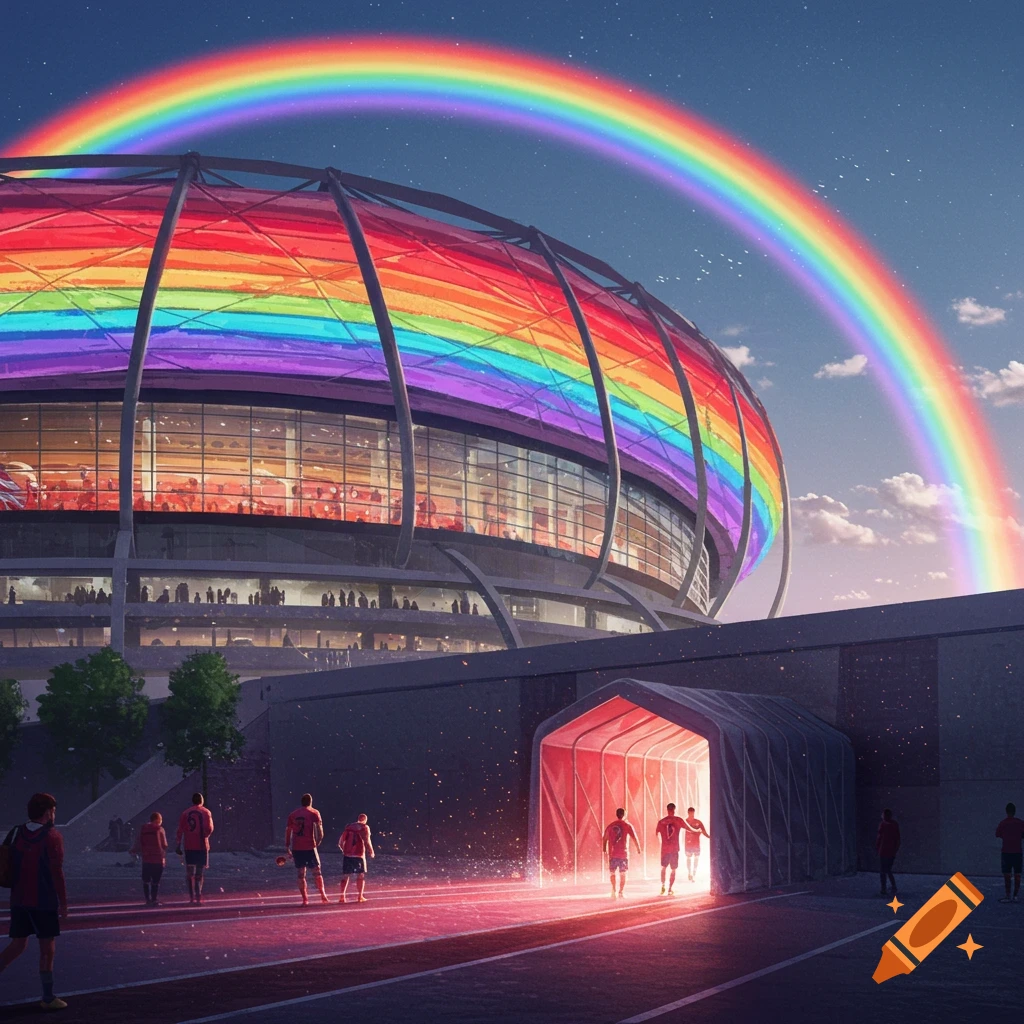 Soccer stadium with rainbow structure on Craiyon