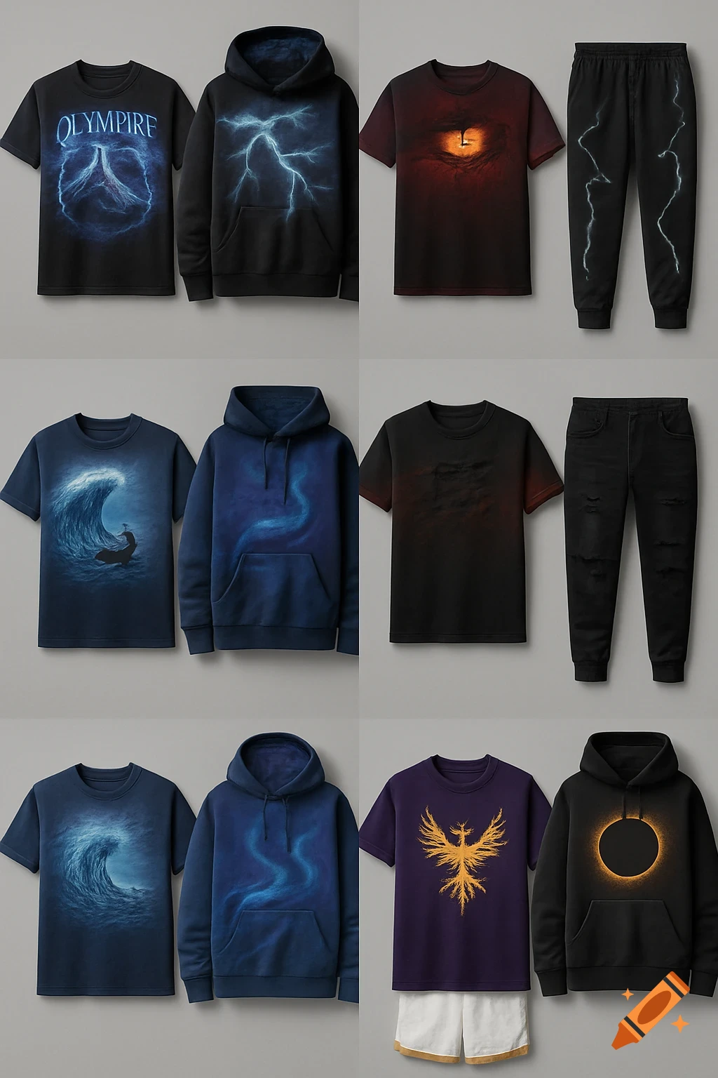 Multiple dark apparel items with fantasy designs (lightning, waves ...