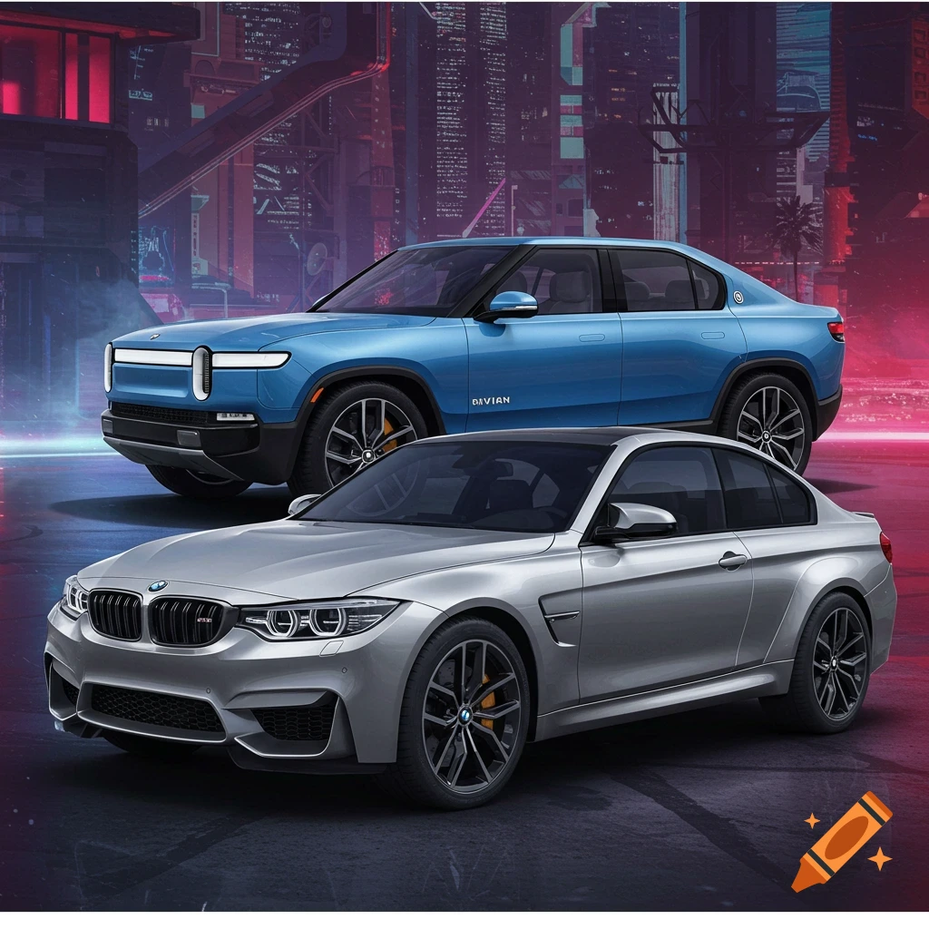A silver BMW M3 coupe and a blue Rivian SUV in front of a cyberpunk ...