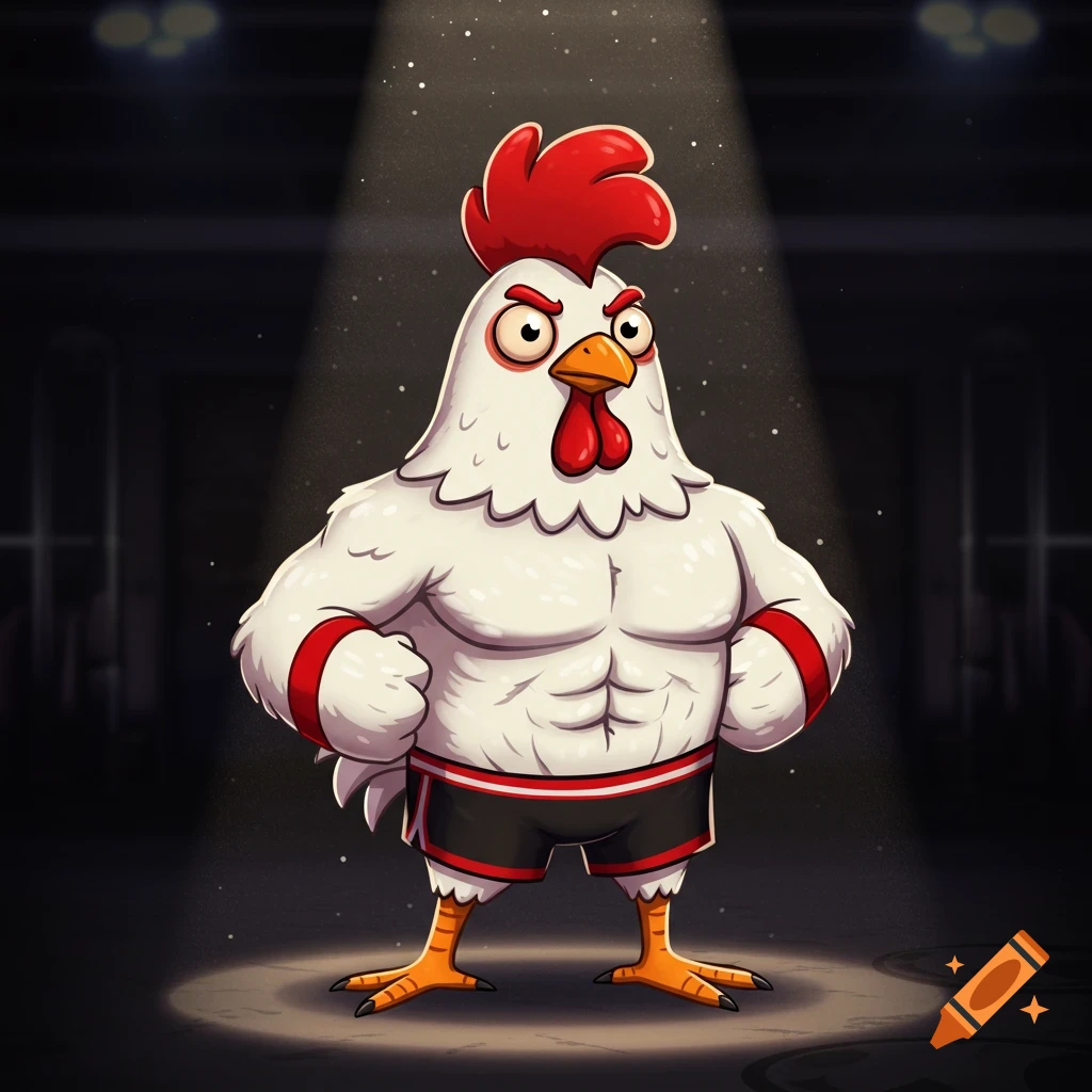 Cartoon chicken in gym shorts with sweatbands under spotlight, comic ...