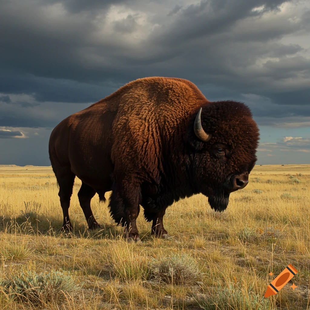 A photorealistic image of a bison standing in a field during a dramatic ...
