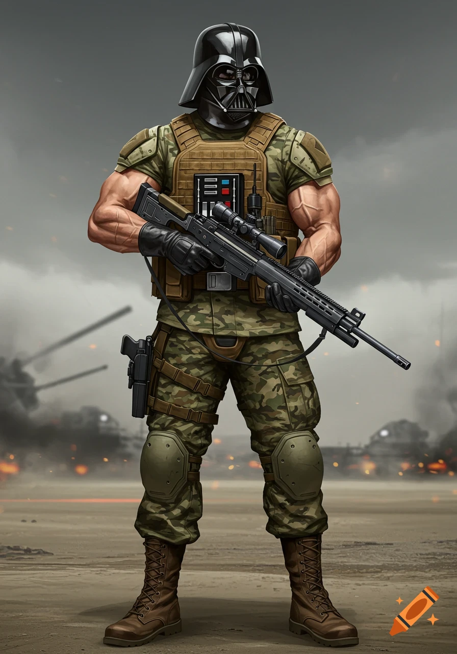 Muscular female ogre character in camouflage military uniform standing in a battlefield. on Craiyon