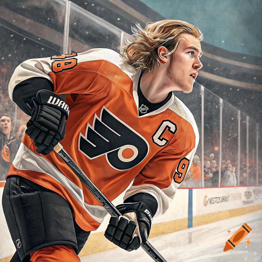 Cartoon illustration of a hockey player in an orange jersey with ...