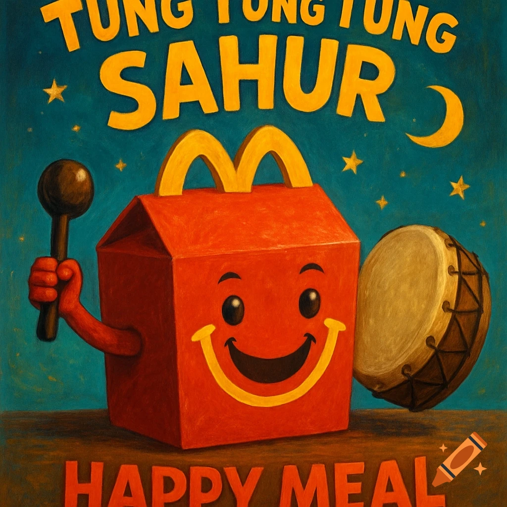 Cartoon Happy Meal box playing a maraca next to a drum under text saying TUNG TUNG TUNG SAHUR ...