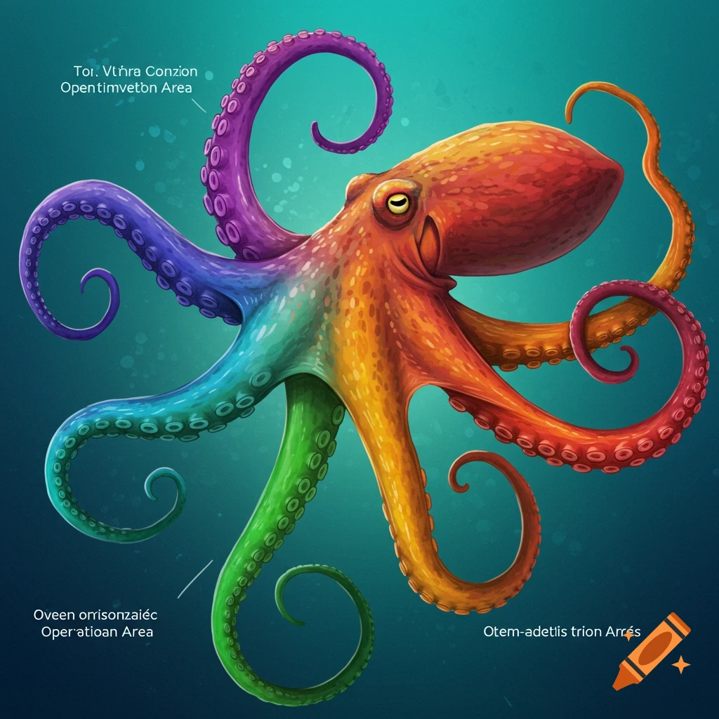 A vibrant rainbow-colored octopus swimming against a blue background ...