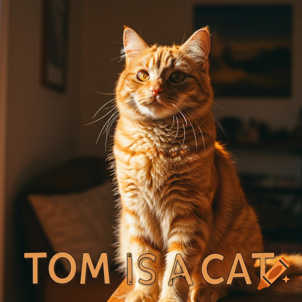 An orange tabby cat sits on a surface with the text "TOM IS A CAT". on ...