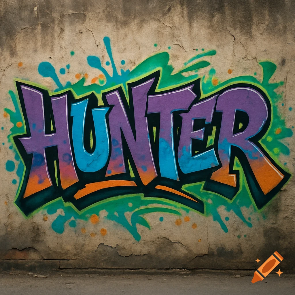 The word HUNTER is written in colorful graffiti style on a textured ...