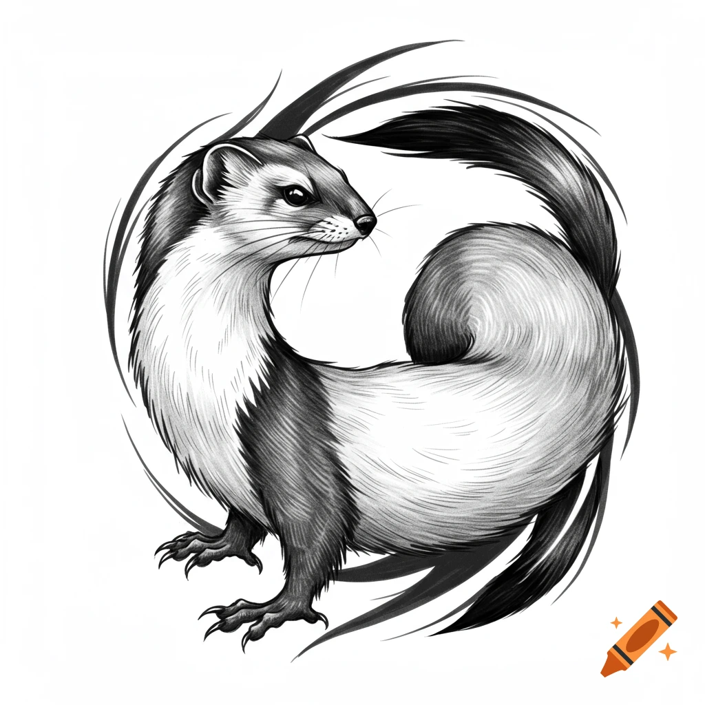 Black and white drawing of an ermine or weasel in a circular tattoo ...