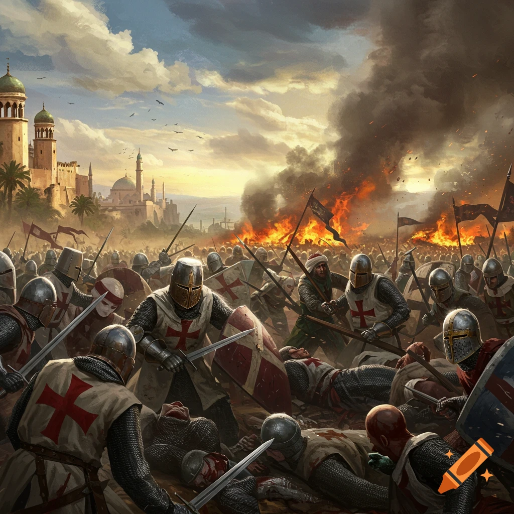 Crusades scene or depiction, historical event illustration or ...