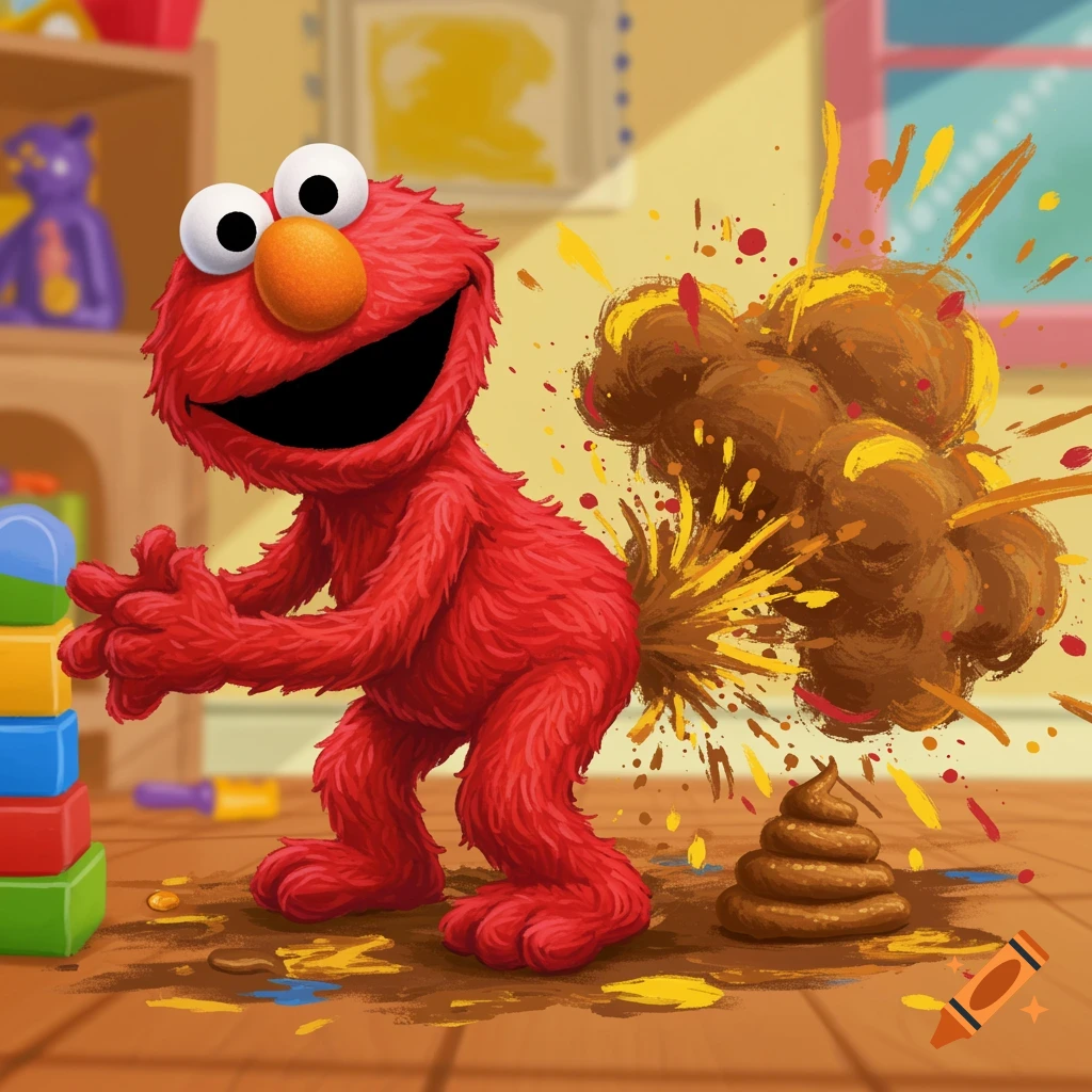 Elmo in a playroom cartoonishly poops with a large brown splash. on Craiyon