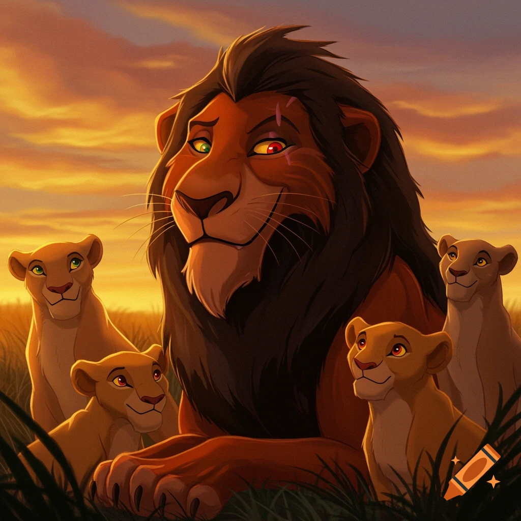 Cartoon lions nuzzling in a savanna sunset with a hyena in the ...