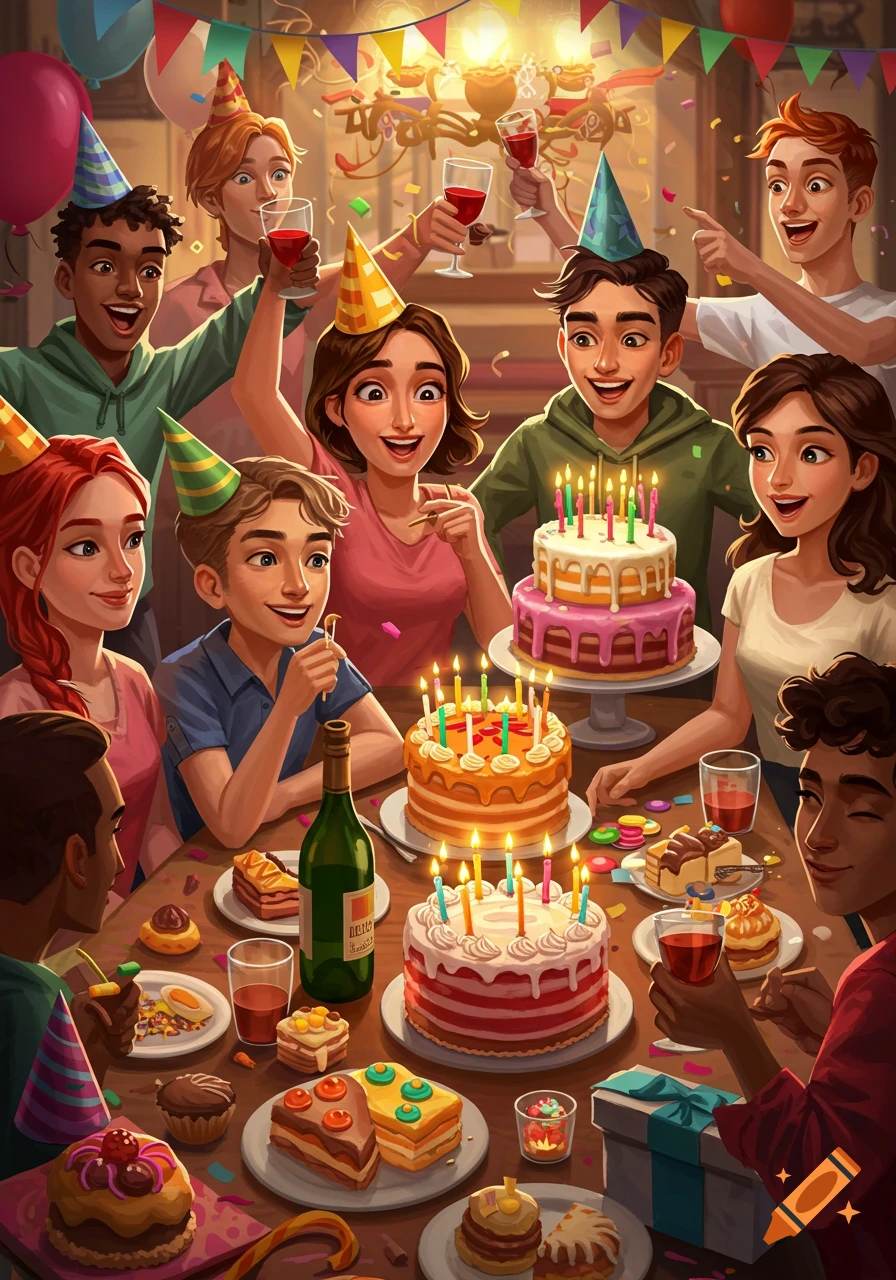 A group of people are celebrating a birthday with multiple cakes and ...