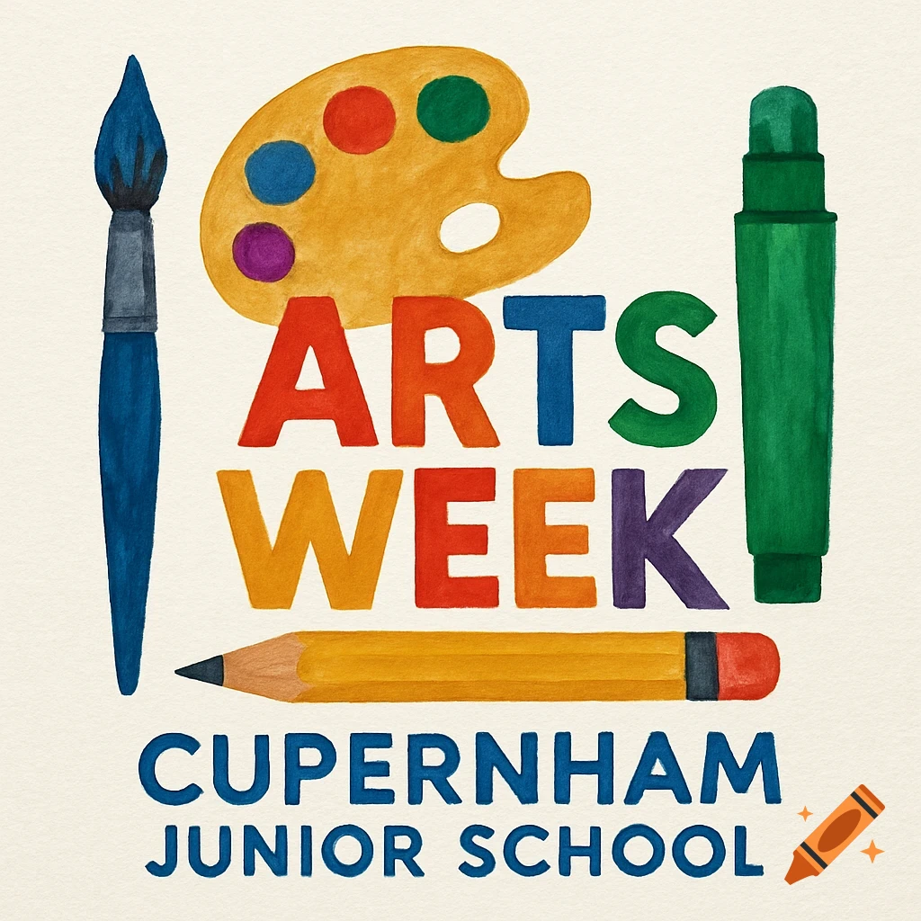 Logo for Arts Week at Cupernham Junior School with art supplies and ...