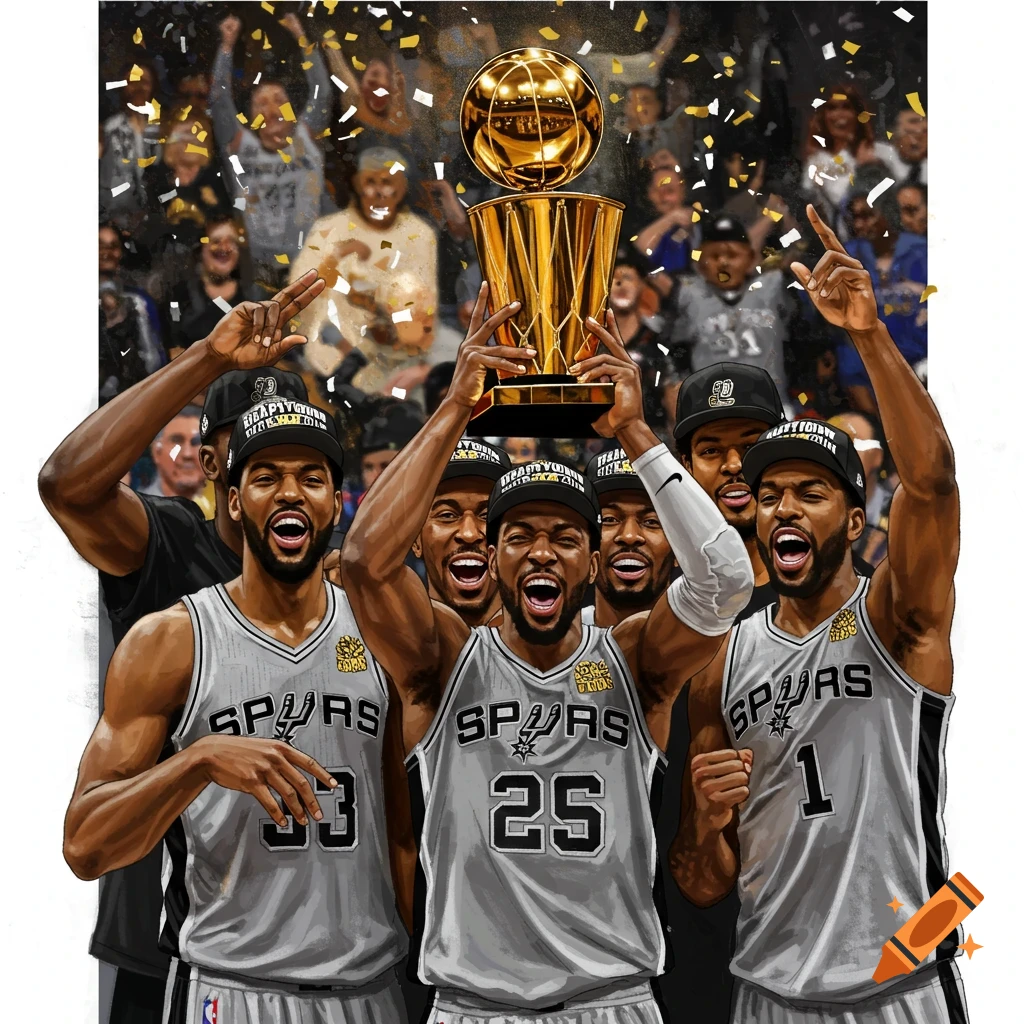 Basketball players in grey jerseys celebrating with a gold championship ...