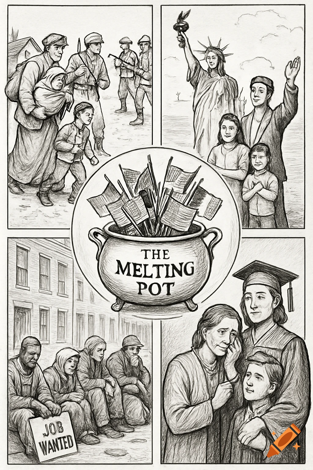 Drawing depicting the immigrant experience in America on Craiyon