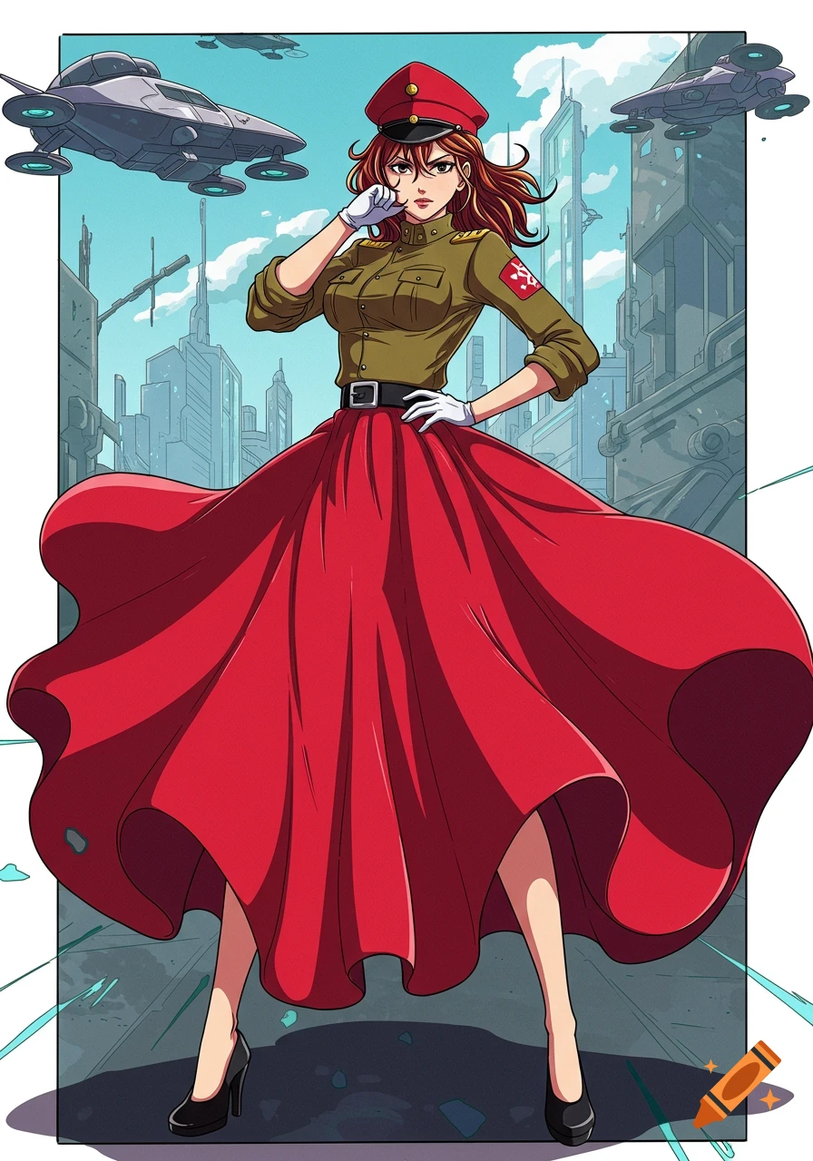 Anime style woman in red skirt, black heels and military cap on Craiyon