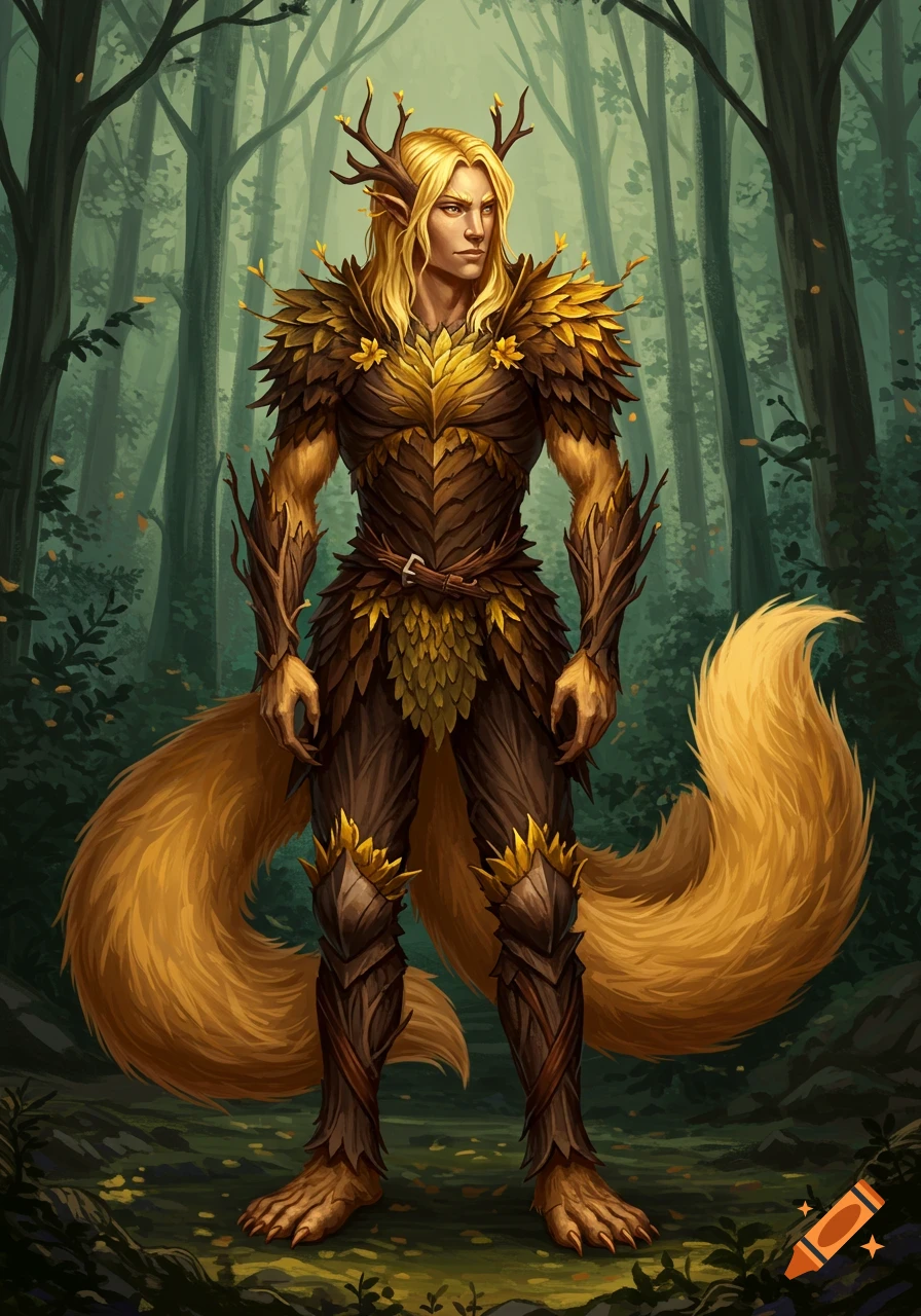 Fantasy creature with antlers, leaf armor, and tails standing in a ...