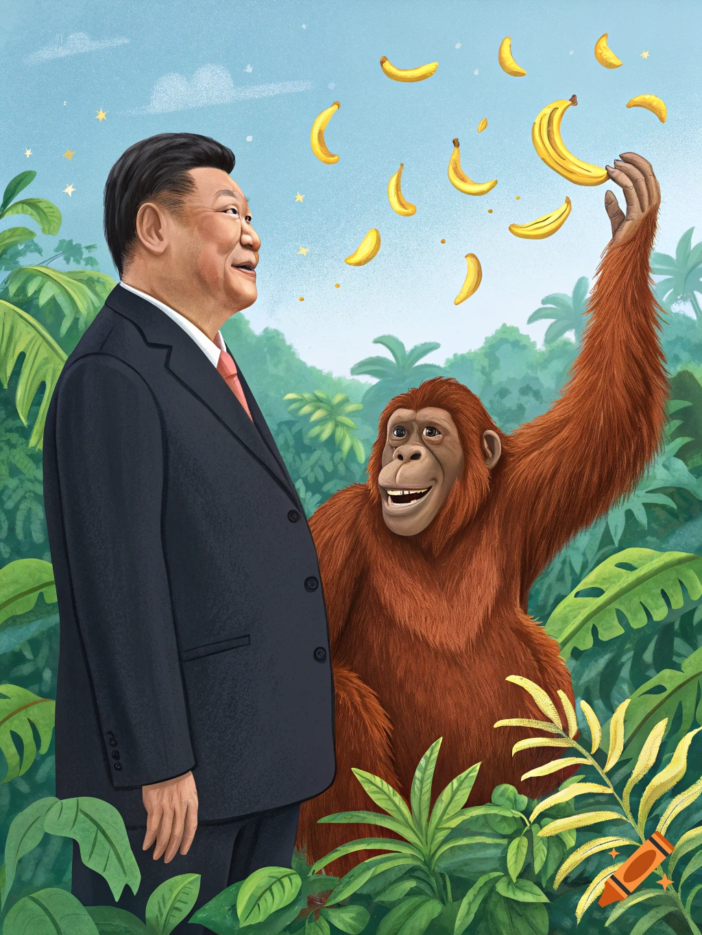 President Xi with orangutan throwing banana peels on Craiyon