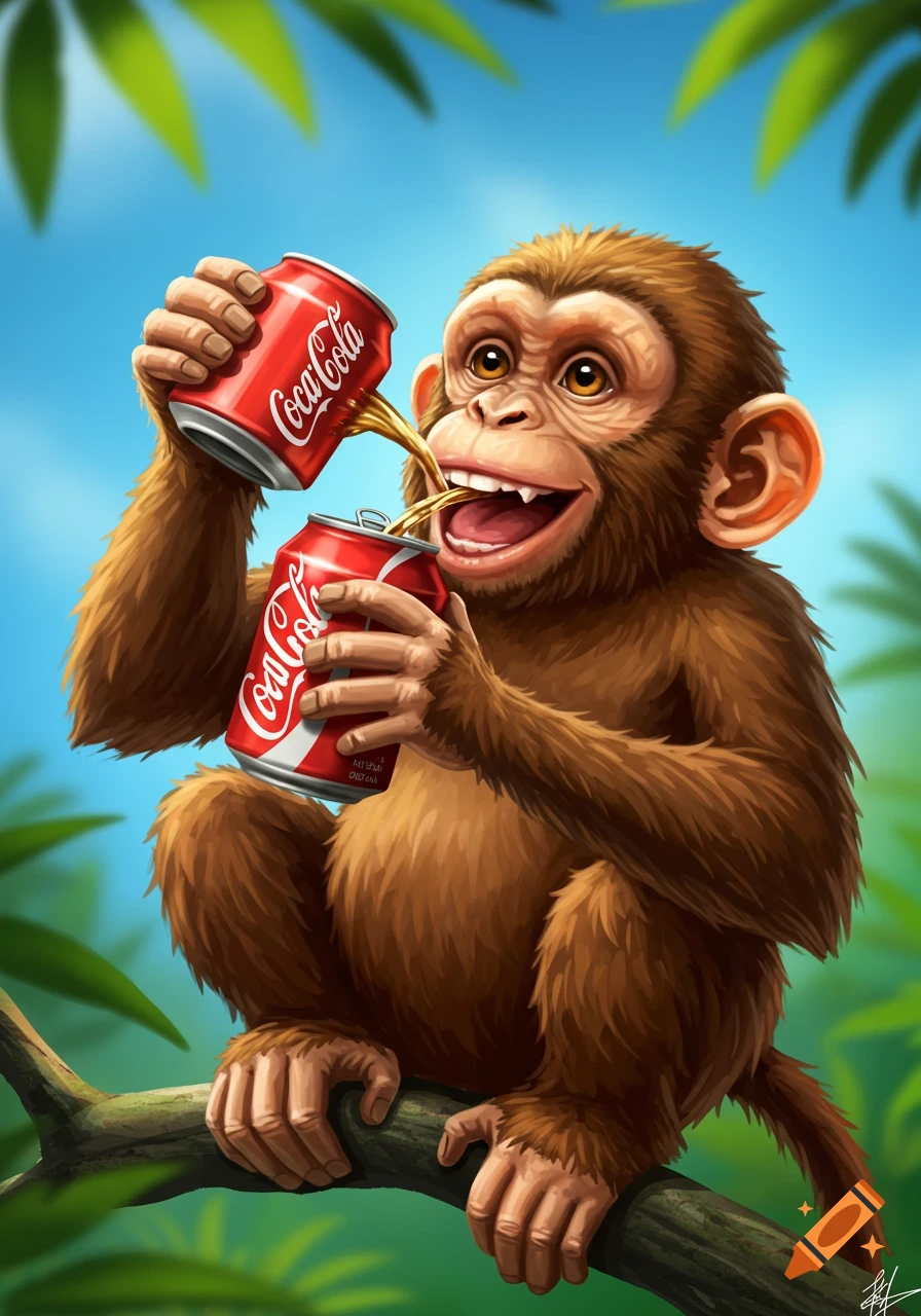A cartoon monkey is pouring and drinking soda from two cans in a jungle. on Craiyon