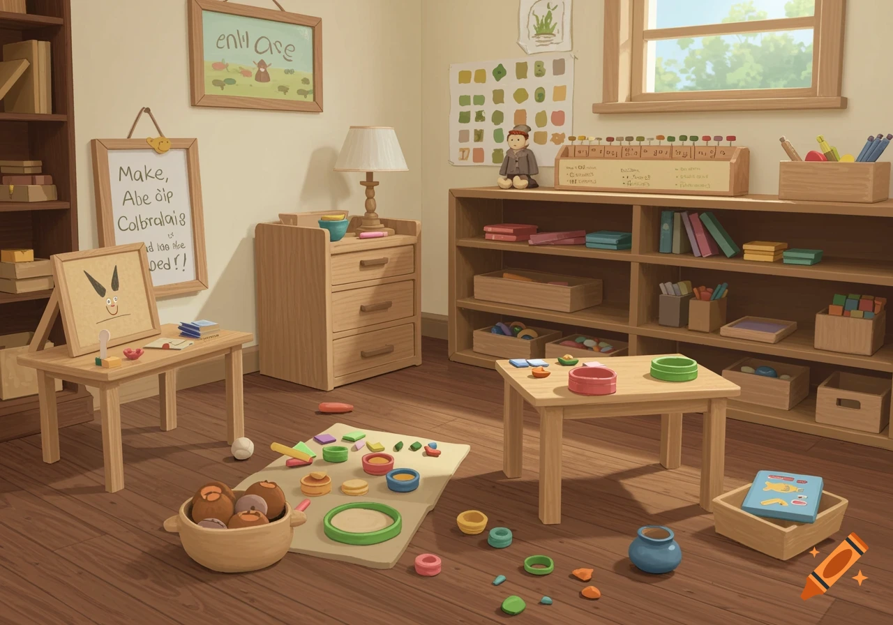 A Montessori classroom with wooden furniture, shelves, and colorful ...