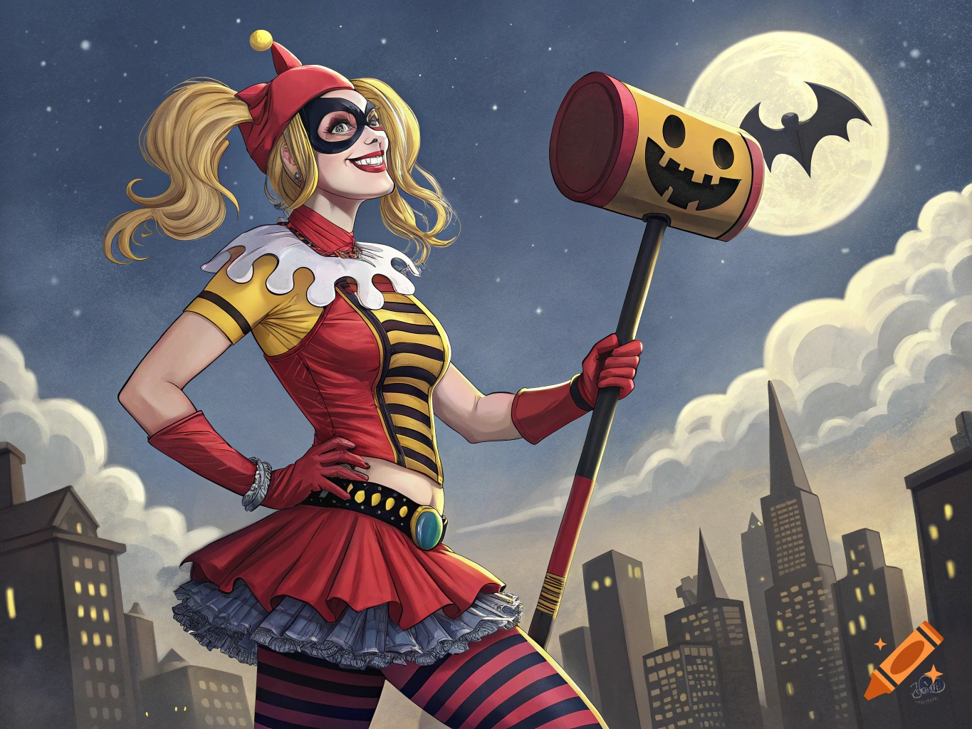 Illustrated character resembling Harley Quinn with Ms. Pac-Man hammer ...