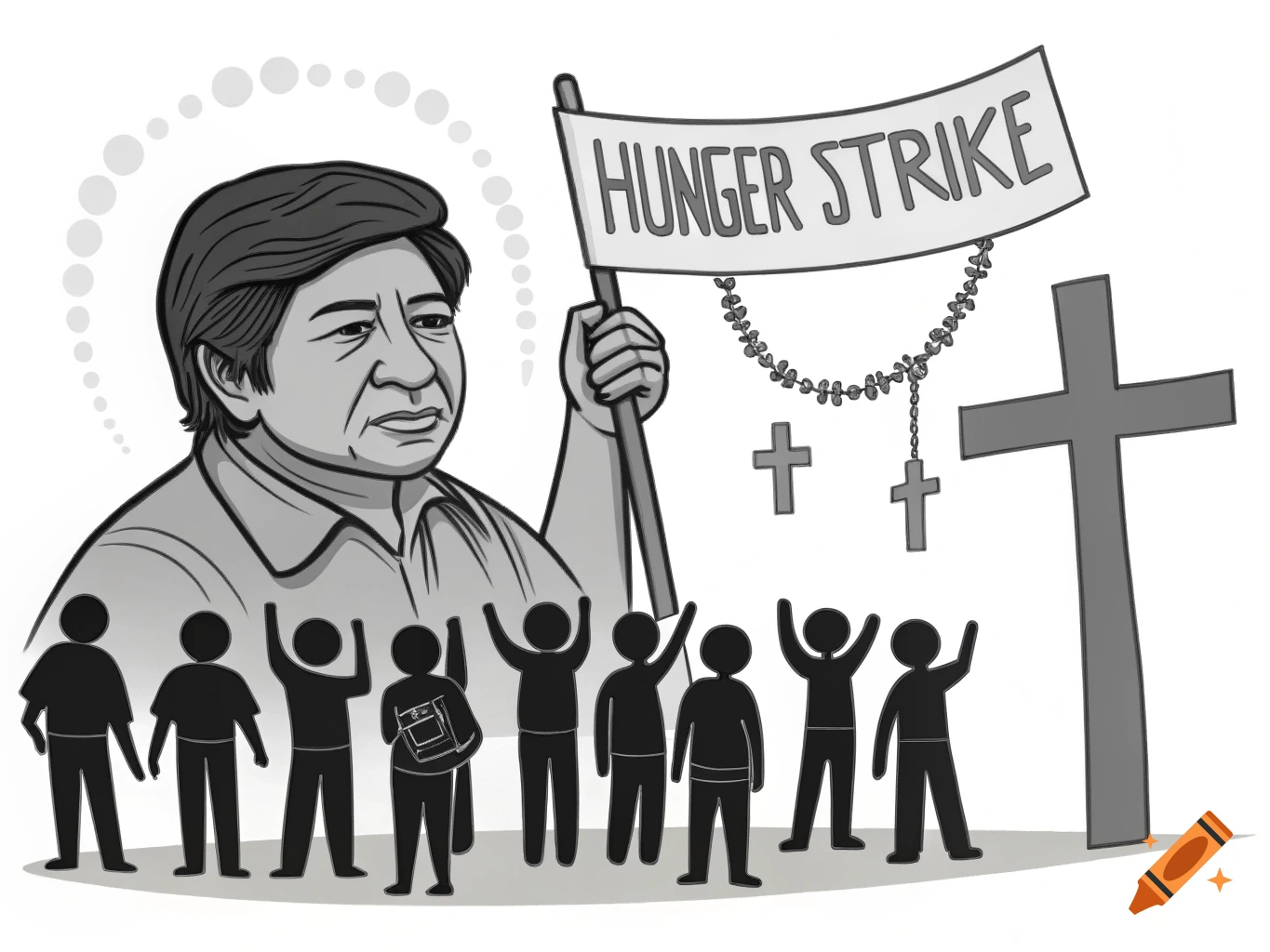 Cesar Chavez leading hunger strike, faith symbols, stick figures on Craiyon