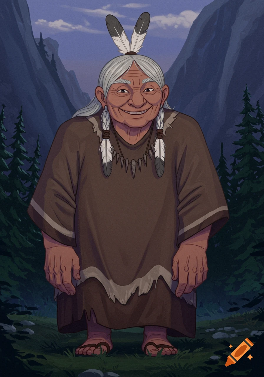 An old character with feathers in her hair in a forest with mountains ...
