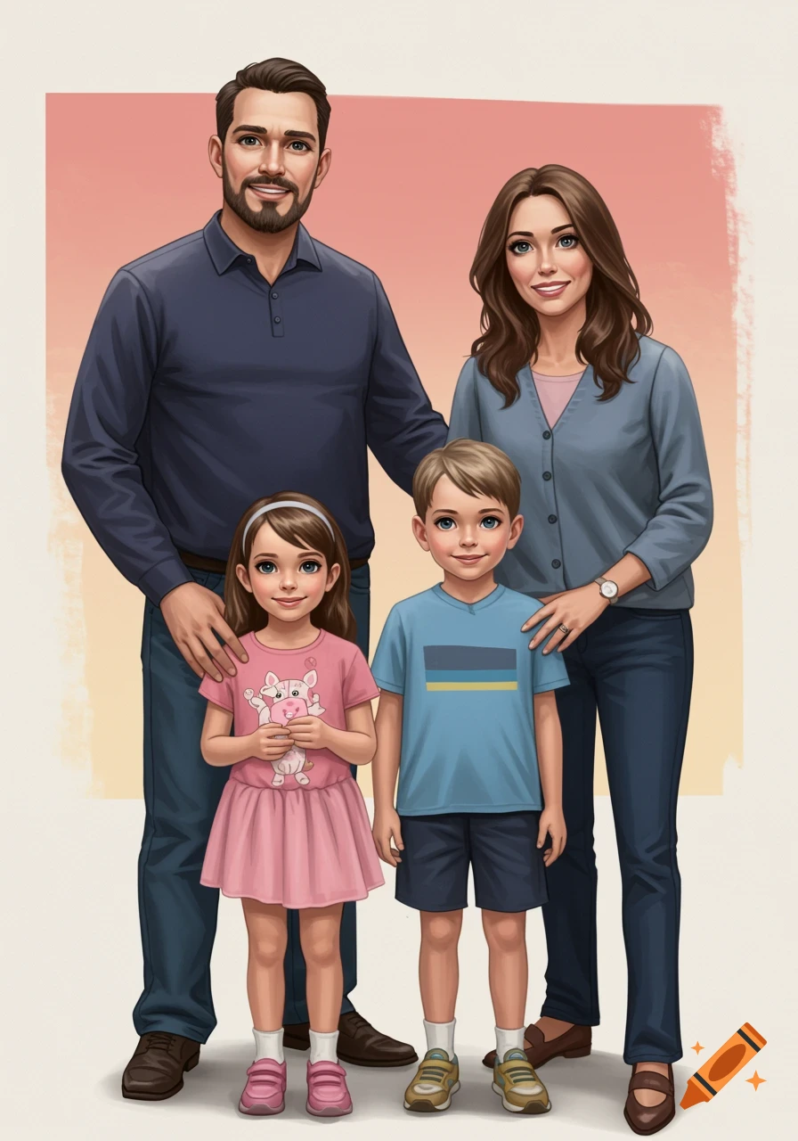 A painted portrait of a family of four smiling in front of a large ...