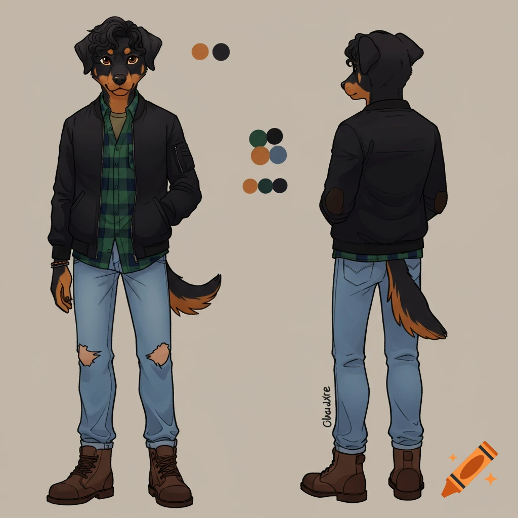 Cartoon illustration of a human-dog hybrid character in casual clothes ...