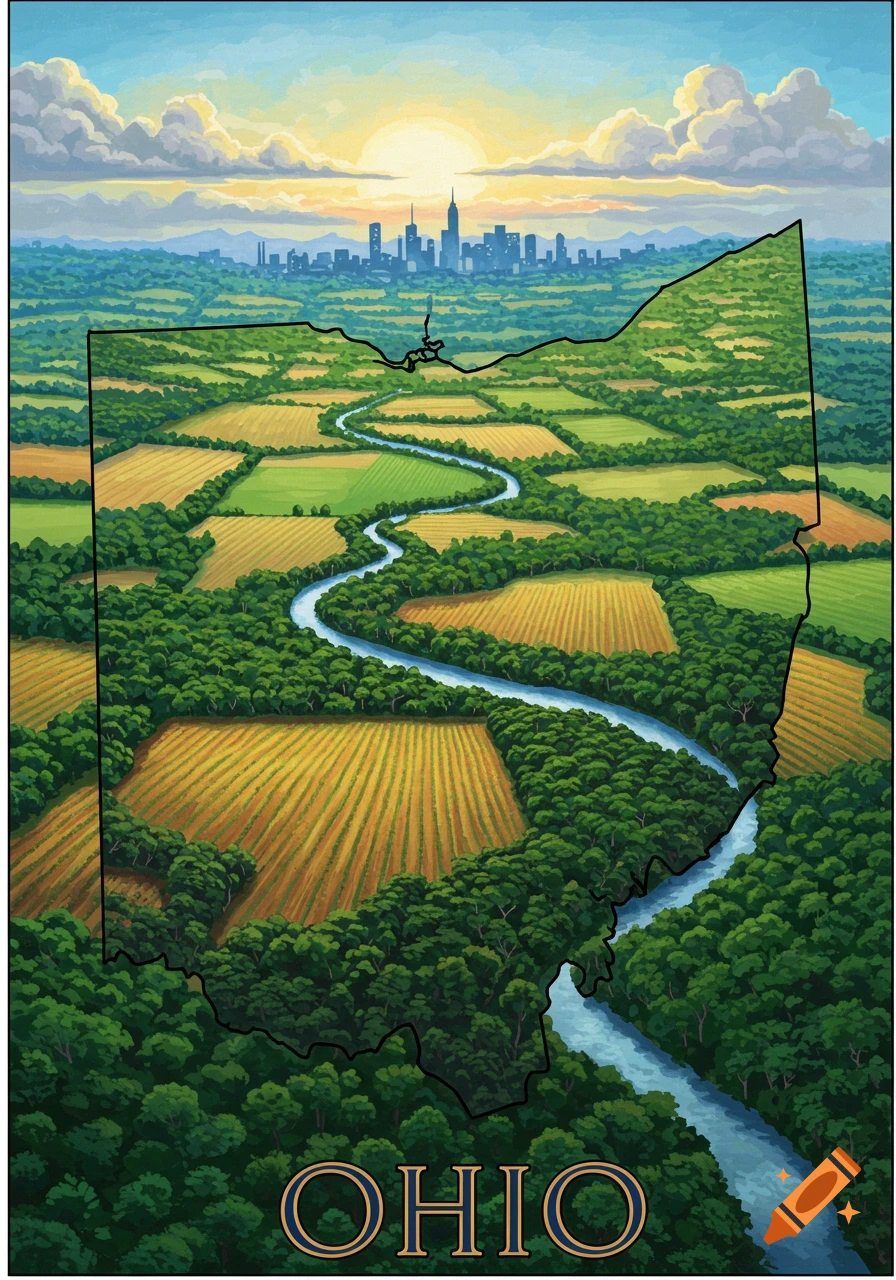 The outline of the state of Ohio is filled with a landscape and the ...