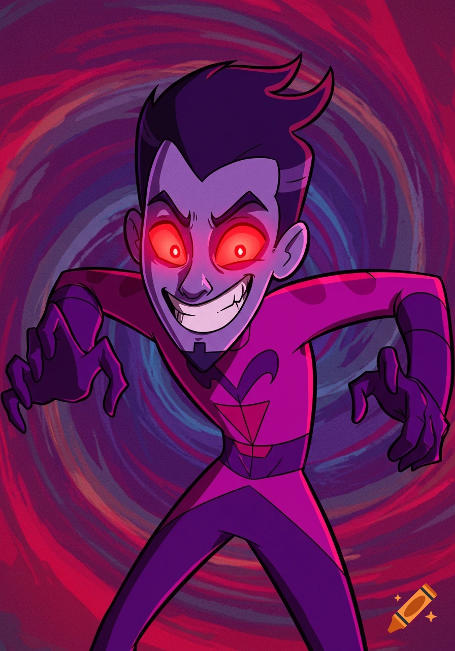 A cartoon character with purple skin, glowing red eyes, and a purple ...