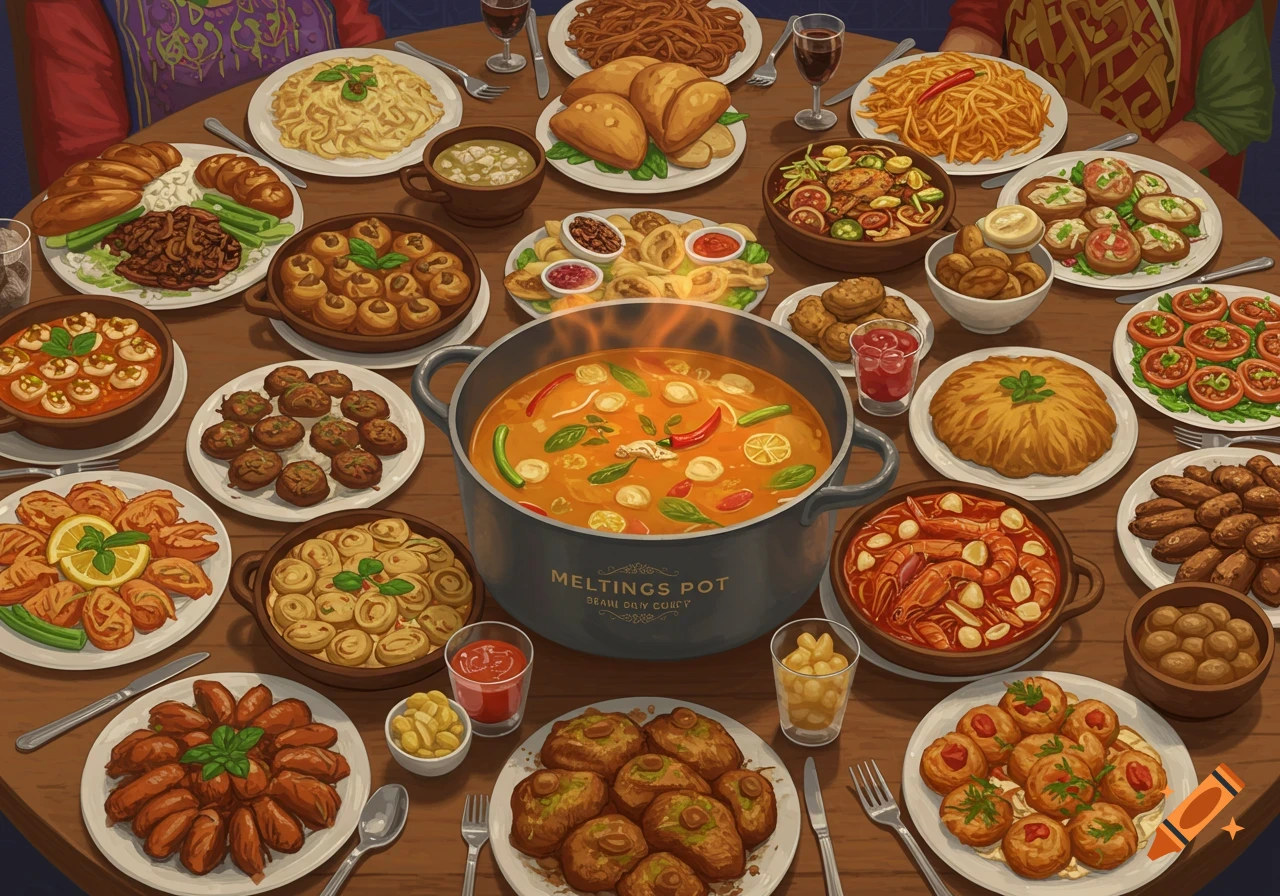 Diverse dishes from different cultures around a melting pot on Craiyon