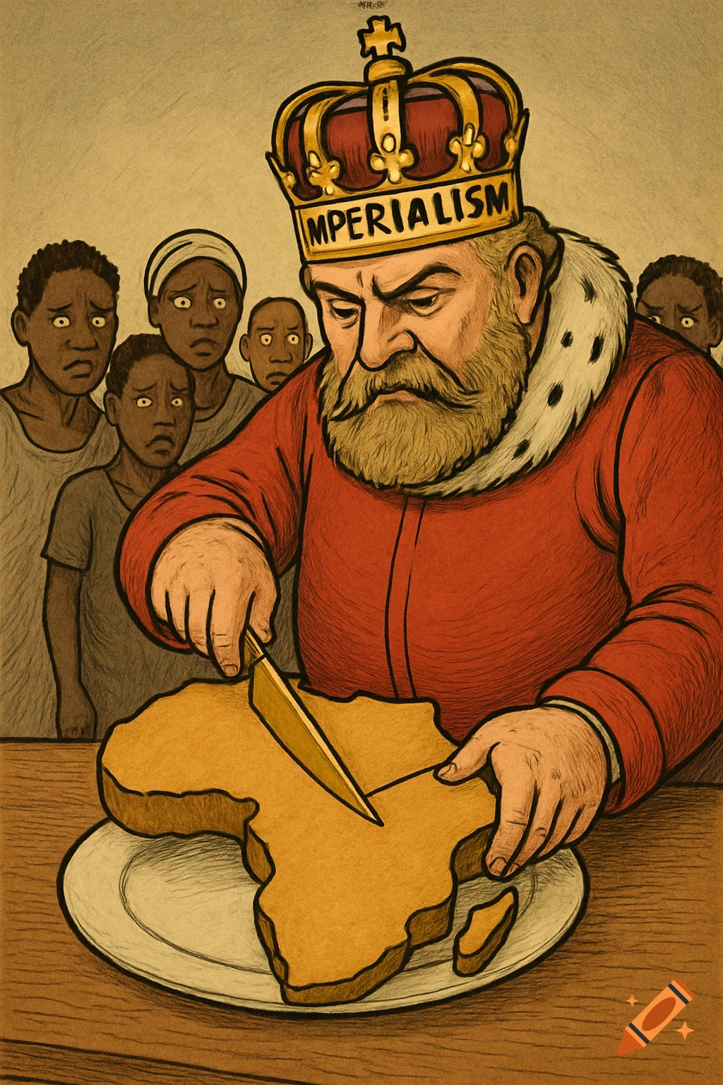 Political cartoon of a king labeled 'Imperialism' slicing a cake shaped ...