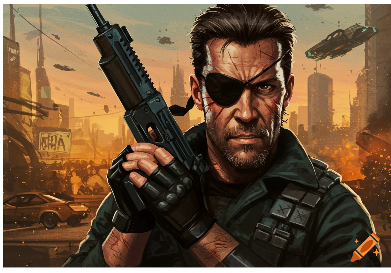 A scarred man with an eye patch and gun in a futuristic city. on Craiyon